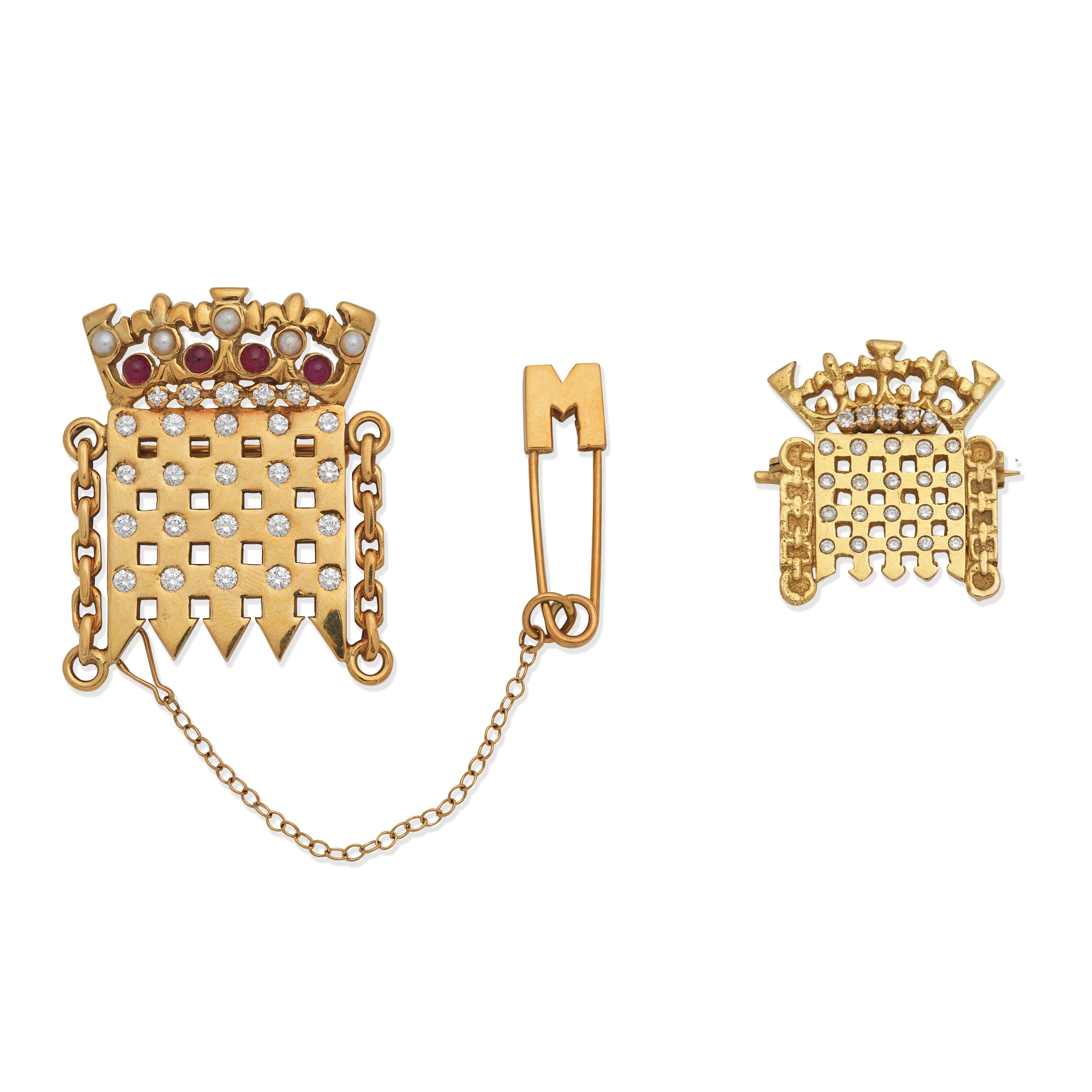 Bonhams : GEM-SET CROWNED PORTCULLIS BROOCHES (2)