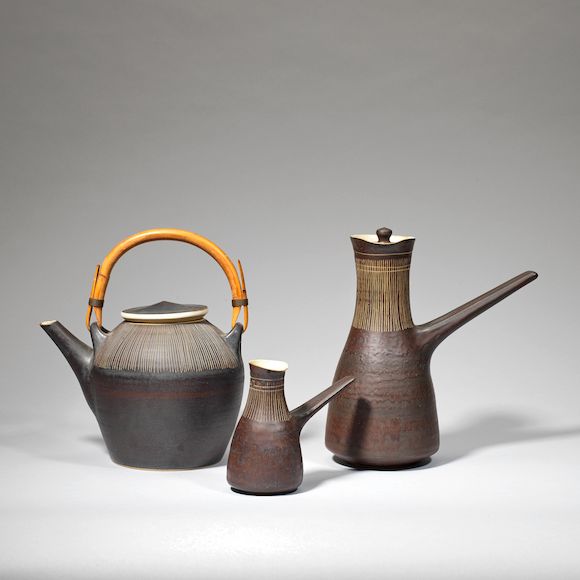 Bonhams : Lucie Rie Teapot, coffee pot and milk jug, circa 1958