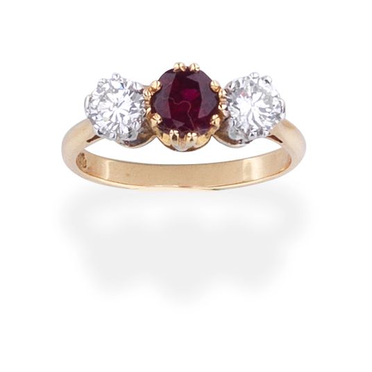 Bonhams : RUBY AND DIAMOND THREE-STONE RING