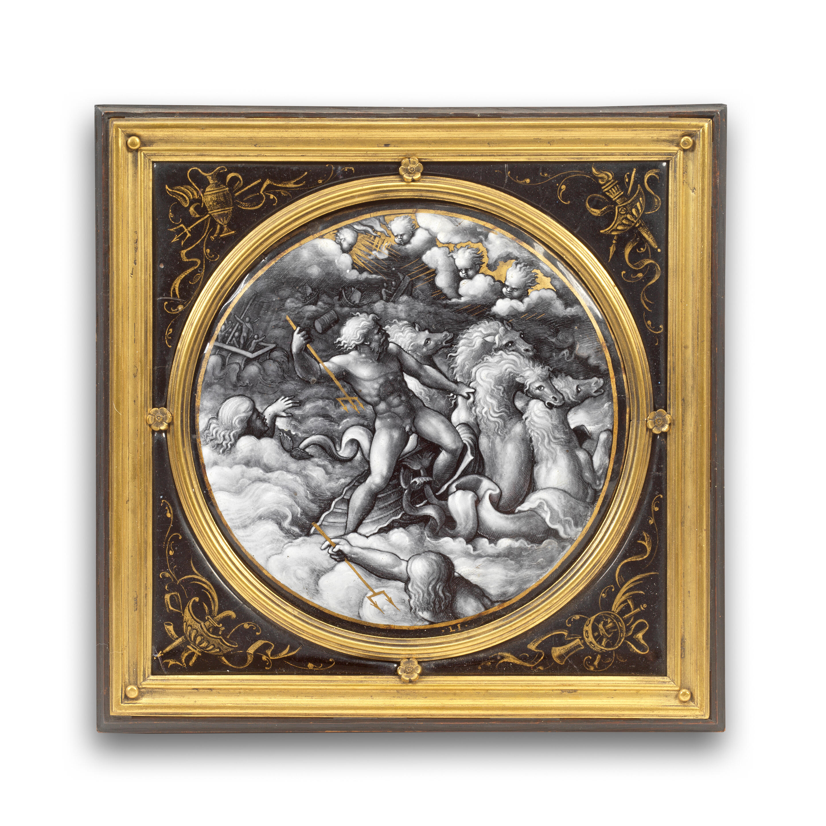 Bonhams : A Limoges grisaille and gilt enamel plaque depicting Neptune calming the storm, the ...