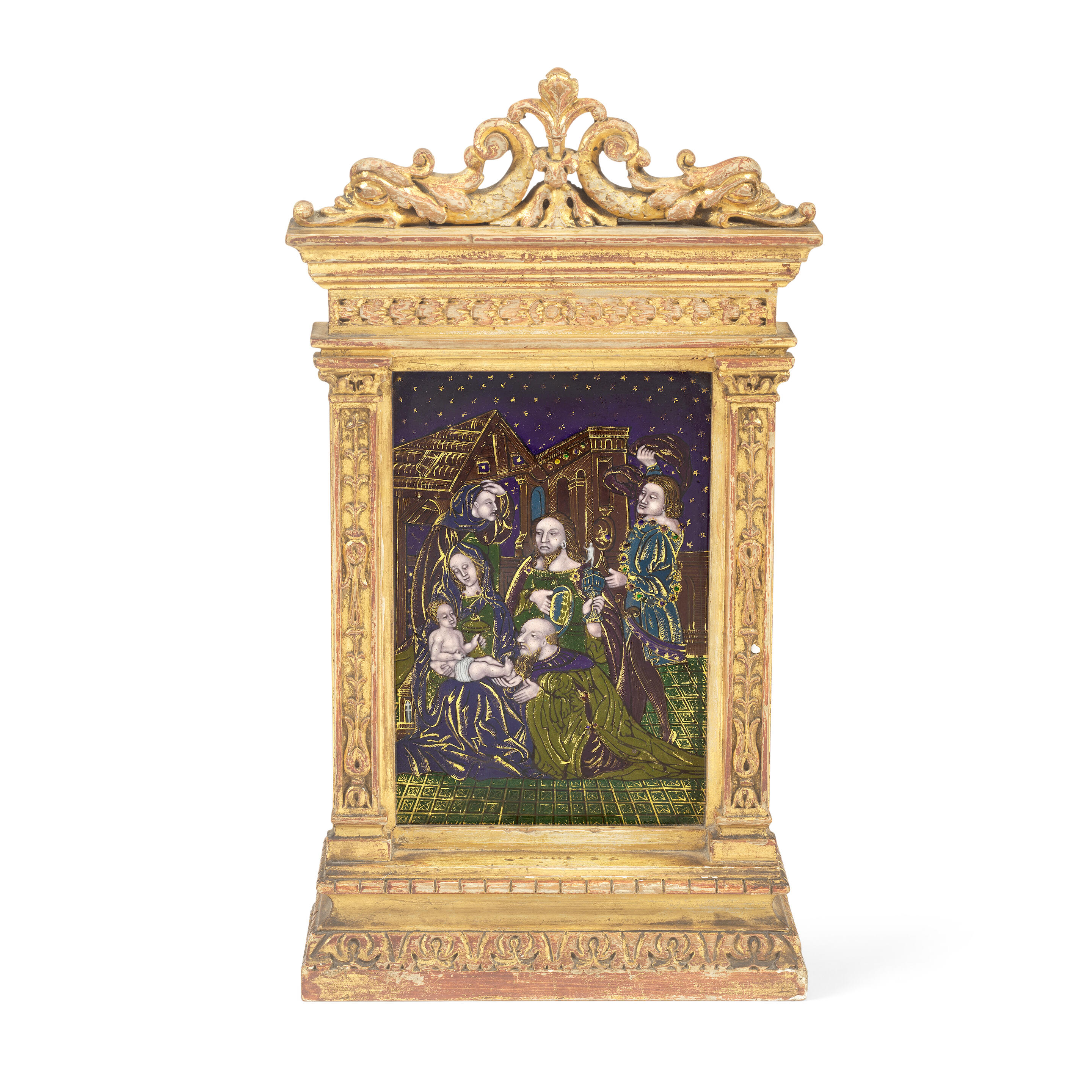 Bonhams : A Limoges style enamel plaque depicting the Adoration of the Magi mounted within a ...