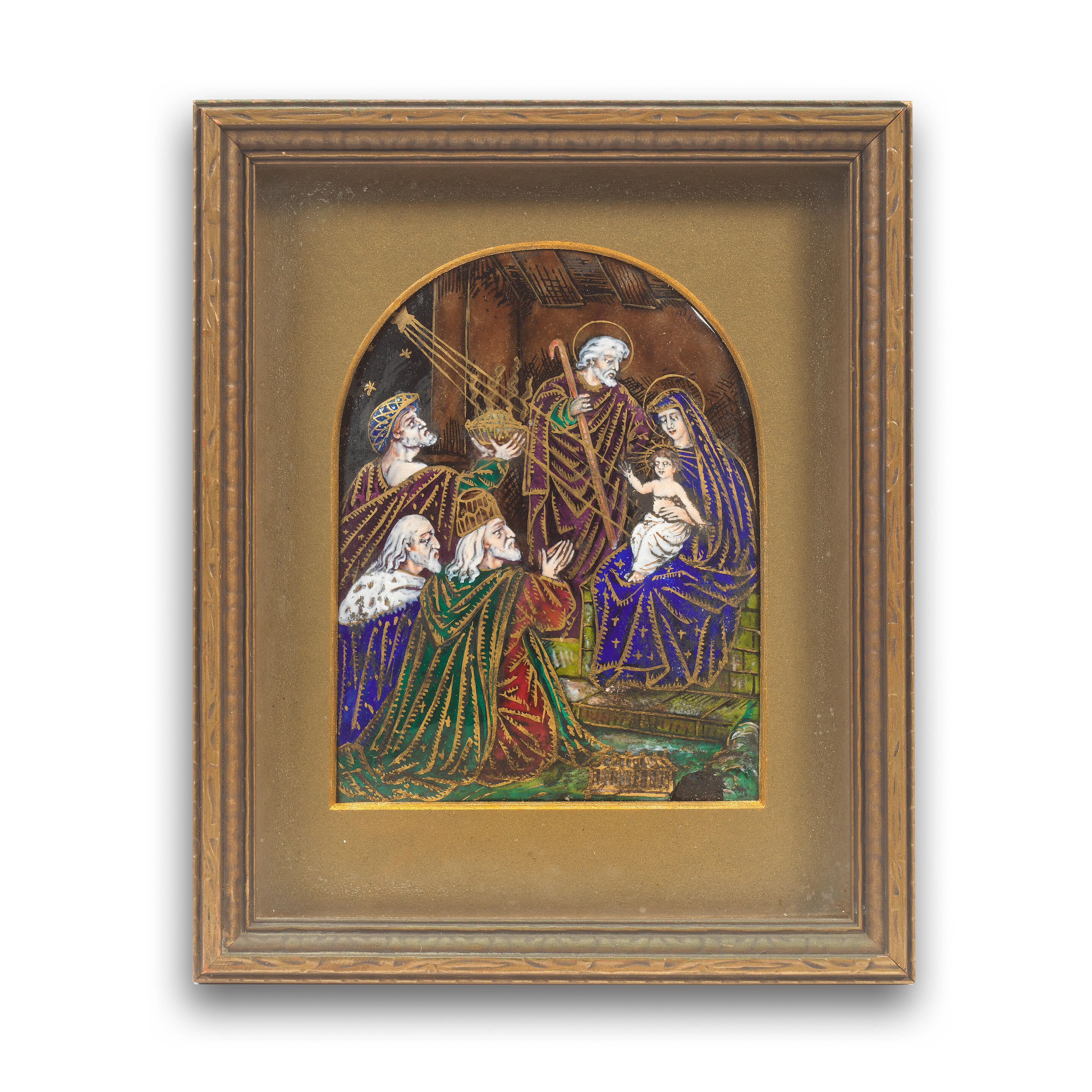 Bonhams : A Limoges style enamel plaque depicting the Adoration of the Magi, mounted within a ...