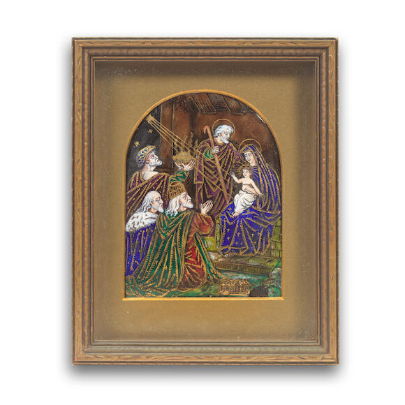 Bonhams : A Limoges style enamel plaque depicting the Adoration of the Magi, mounted within a ...