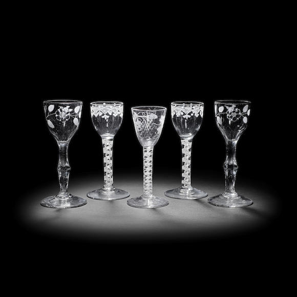 Bonhams Three Engraved Opaque Twist Wine Glasses And A Pair Of Facet