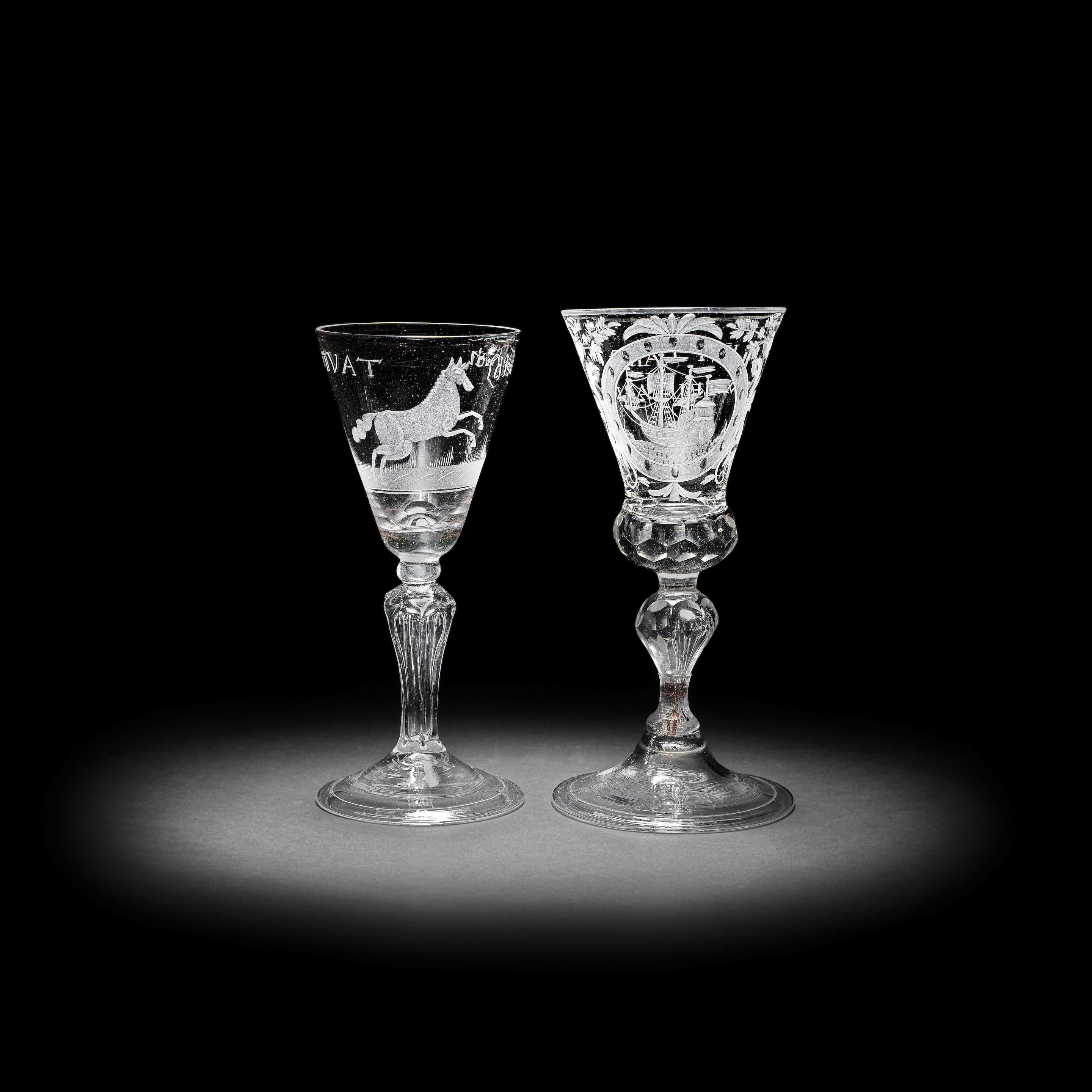 Bonhams Two Dutch Engraved Wine Glasses Mid 18th Century