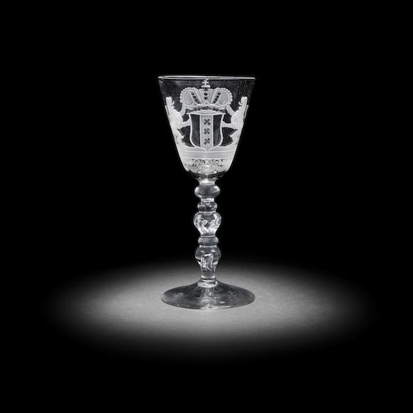 Bonhams A Dutch Engraved Armorial Light Baluster Wine Glass Circa 1750