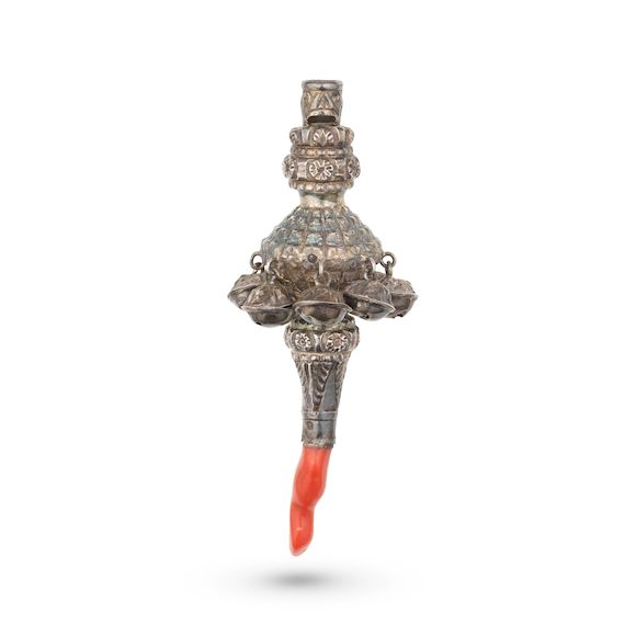 Bonhams : GEORGE UNITE: CHILD'S SILVER AND CORAL RATTLE/WHISTLE, 1874
