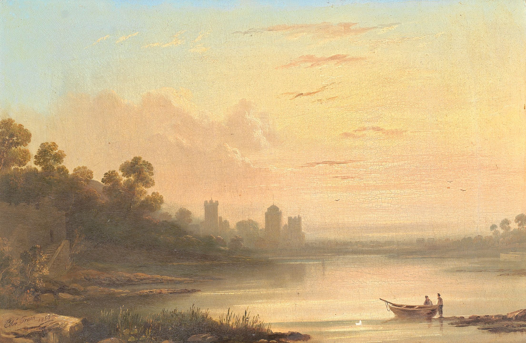 Bonhams : Edward Train (British, 1801-1866) Dusk at a lakeside with a ...