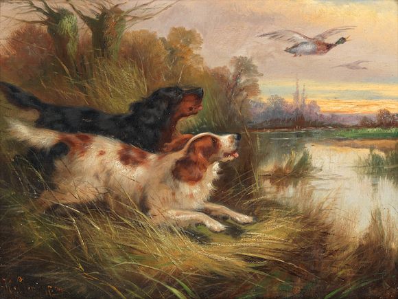 Bonhams : Robert Cleminson (British, 1864-1903) Spaniels flushing mallards; Gun dog with ...