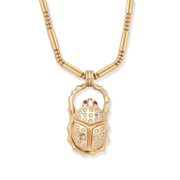 Bonhams : RUBY AND DIAMOND-SET SCARAB PENDANT/NECKLACE