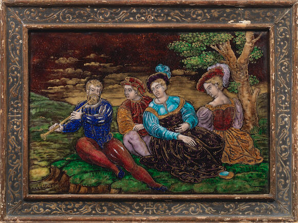 Bonhams : A late 19th century French Limoges style enamel plaque depicting courtly figures in ...