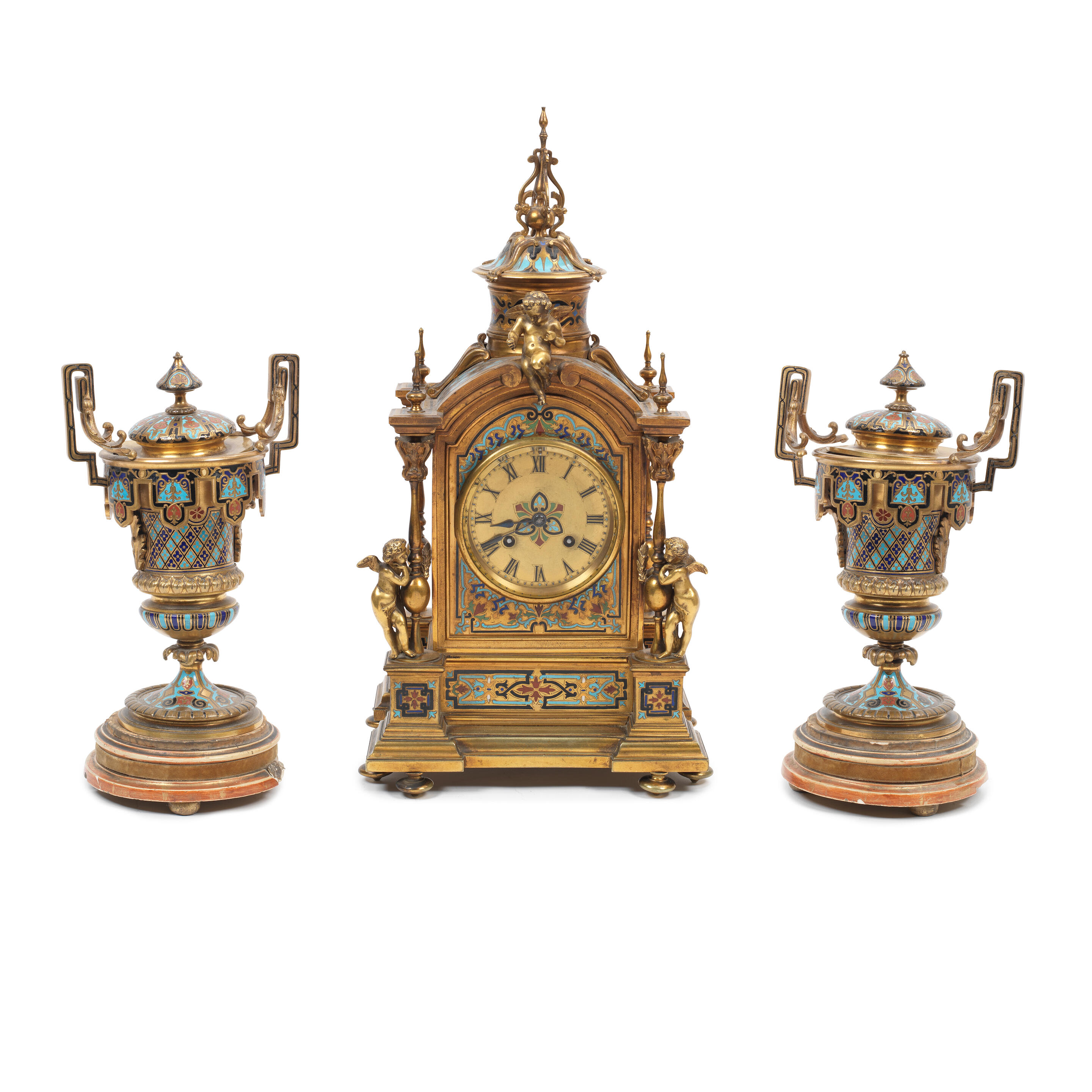 Bonhams : A matched late 19th century French gilt brass and champlevé enamel clock garniture the ...