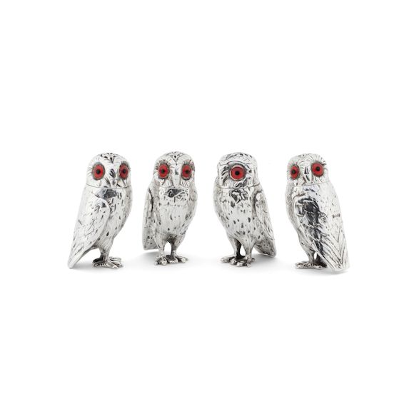 Bonhams : A Victorian set of four novelty silver Owl peppers George ...
