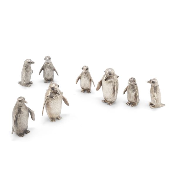 Bonhams : A novelty silver eight-piece penguin family condiment set (8)