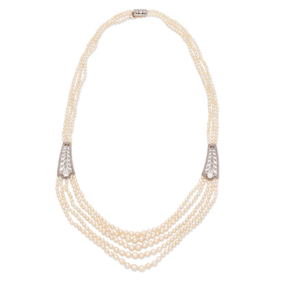 Bonhams Natural Pearl And Diamond Set Necklace