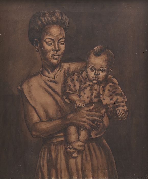 Bonhams : Afewerk Tekle (Ethiopian, 1932-2012) Mother & Child (framed)