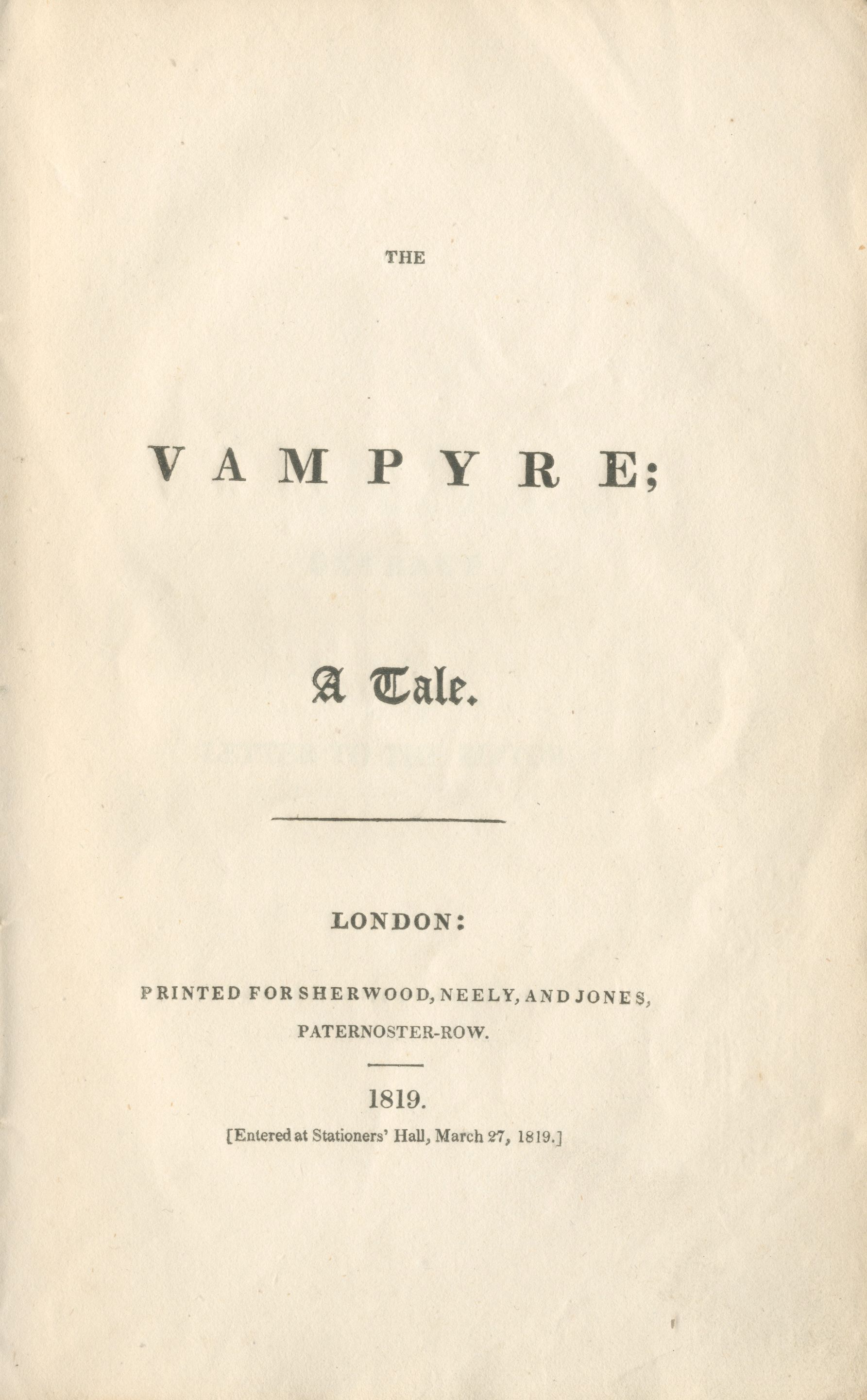 Bonhams : POLIDORI (JOHN WILLIAM) The Vampyre, a Tale, FIRST EDITION ...