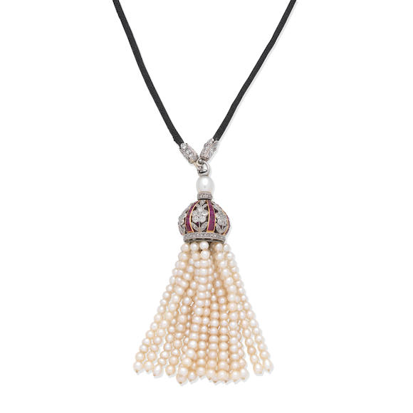 Bonhams Pearl Ruby And Diamond Tassel Pendantnecklace