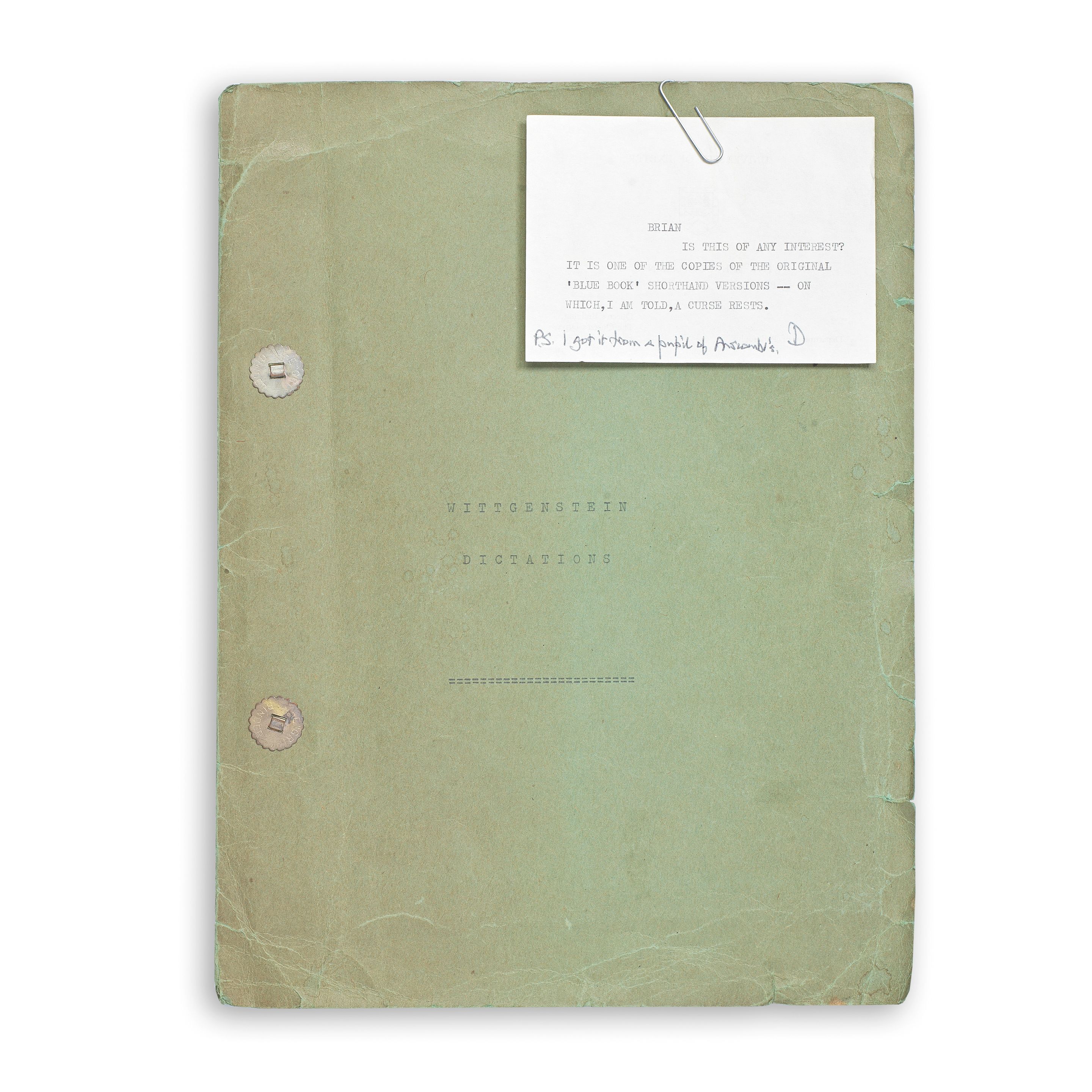 Bonhams : WITTGENSTEIN (LUDWIG) The Blue Book Wittgenstein. Dictations ...