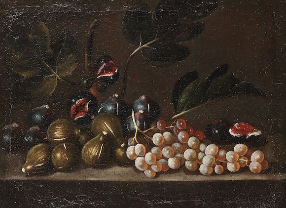 Bonhams : Roman School, 17th Century Figs and grapes on a stone ledge