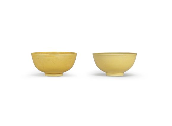 Bonhams : A PAIR OF YELLOW-GLAZED INCISED BOWLS Daoguang seal marks and ...