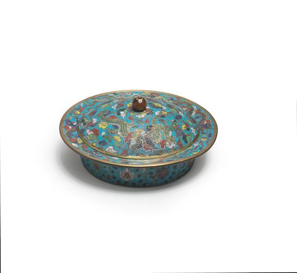 Bonhams : A CLOISONNÉ ENAMEL AND GILT-BRONZE SPITTOON AND COVER, ZHADOU ...