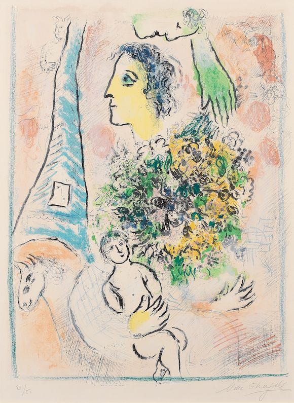 Bonhams : Marc Chagall (Russian/French, 1887-1985) Offrande à la Tour Eiffel Lithograph in ...