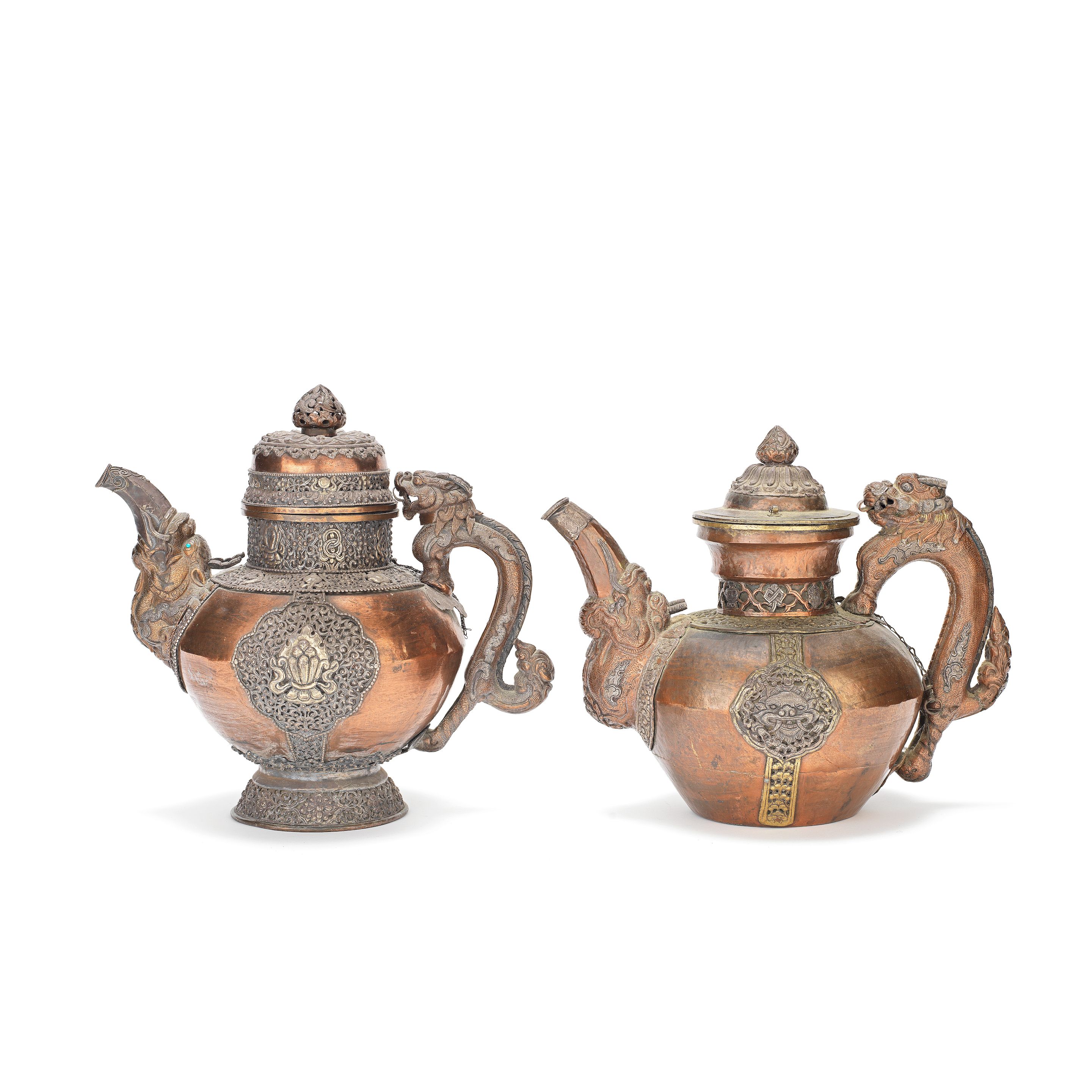 Bonhams : TWO COPPER-ALLOY AND SILVER APPLIED TEAPOTS AND COVERS Tibet ...