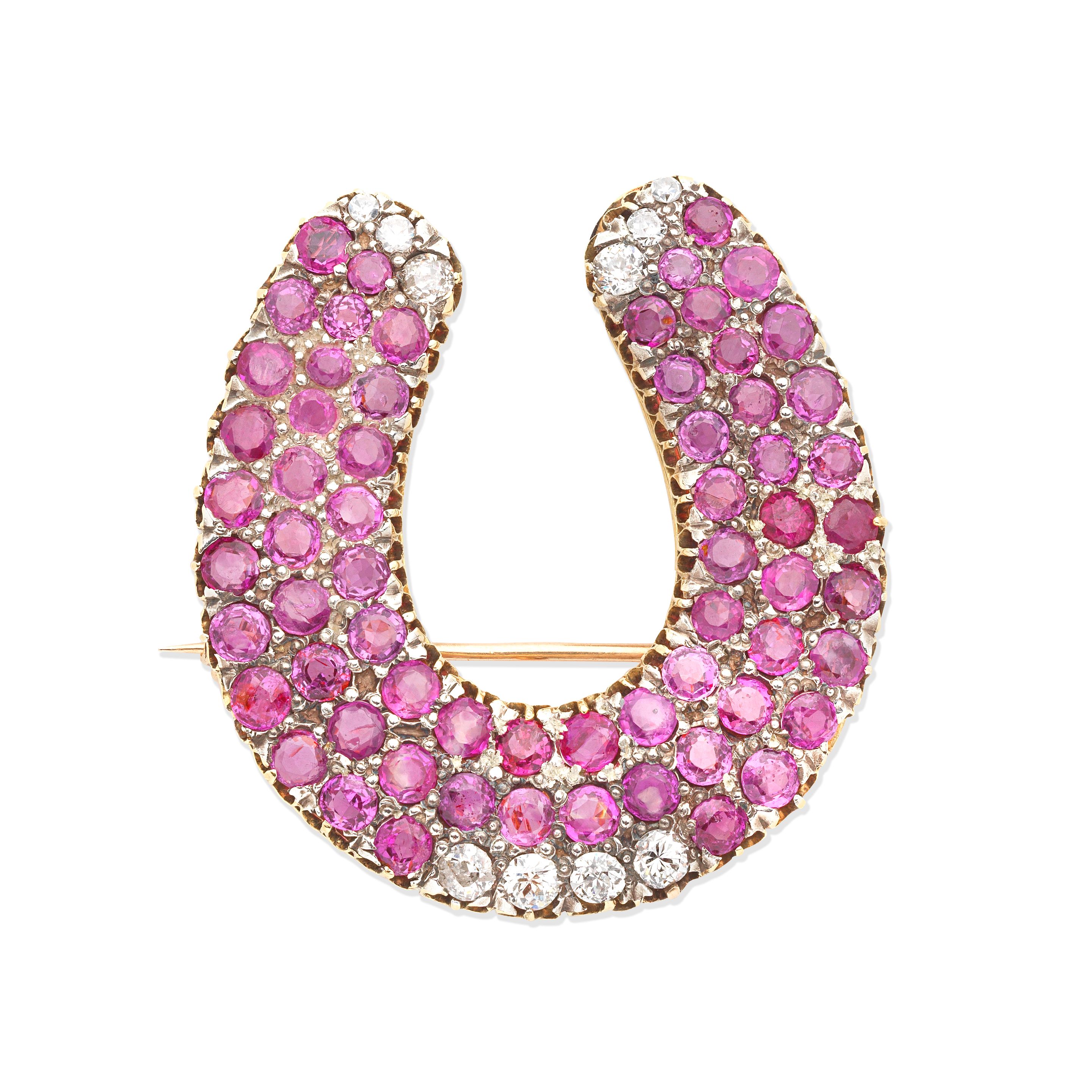 Bonhams : RUBY AND DIAMOND HORSESHOE BROOCH/PENDANT
