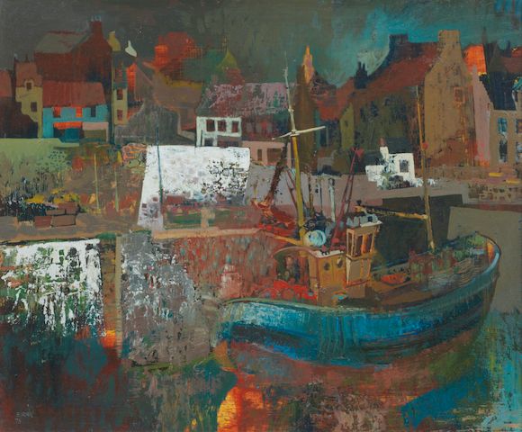 Bonhams : William Birnie (Scottish, 1929-2006) A Fife fishing town harbour
