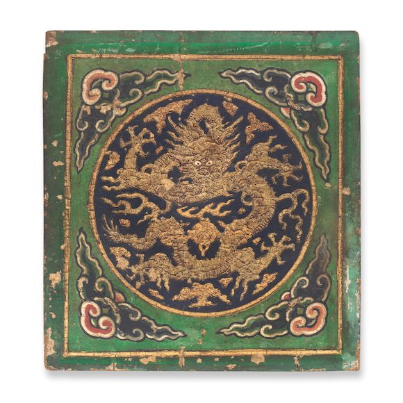 Bonhams : A PAINTED WOOD 'DRAGON' CEILING TILE 17th century