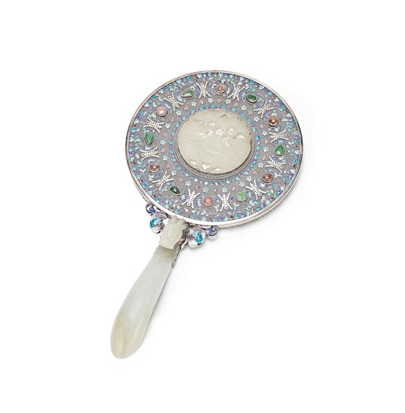 Bonhams : A SILVER FILIGREE, ENAMEL AND JADE HAND MIRROR Late Qing Dynasty