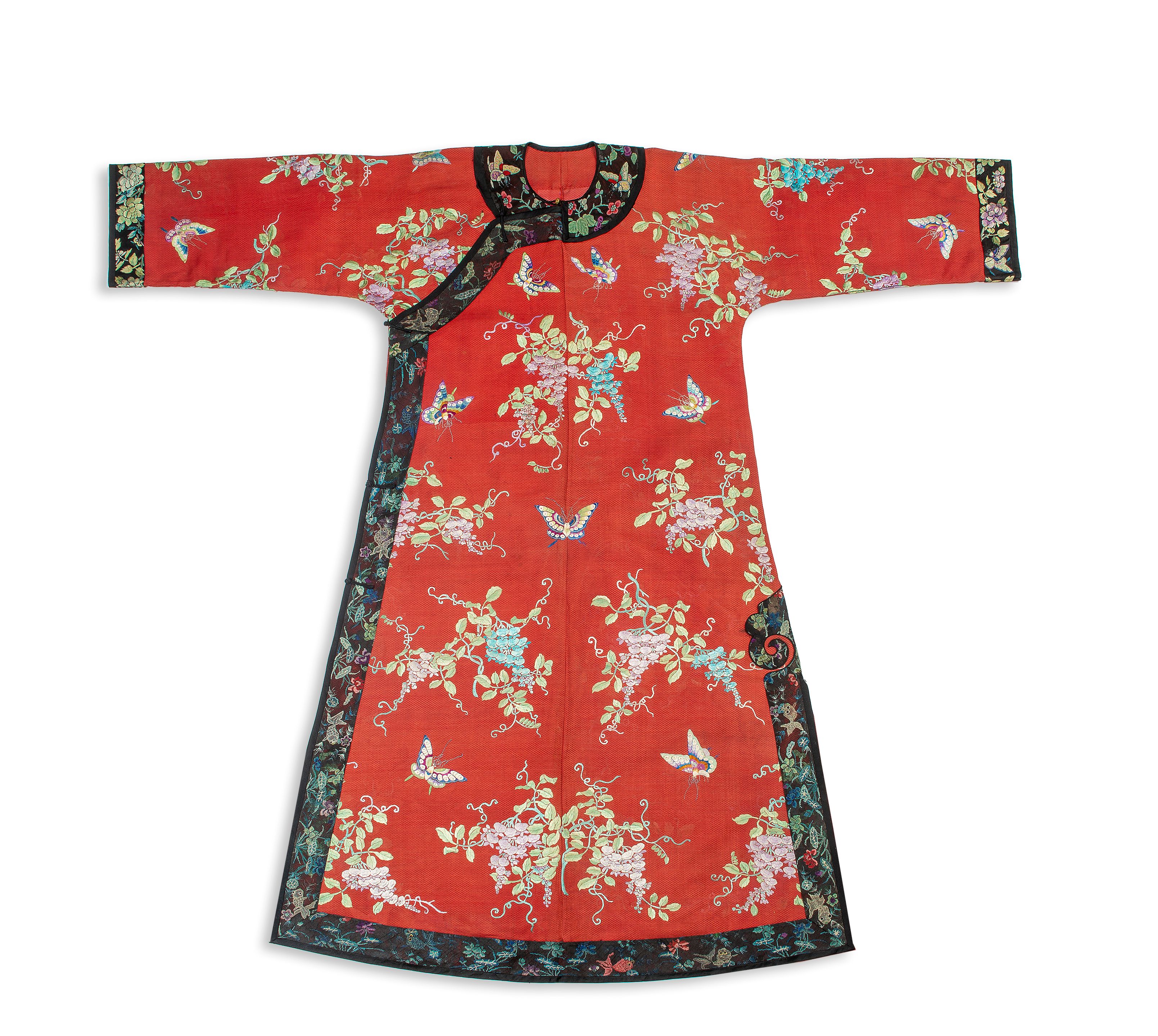 Bonhams : A MANCHU WOMAN'S RED-GROUND GAUZE SILK EMBROIDERED ROBE ...