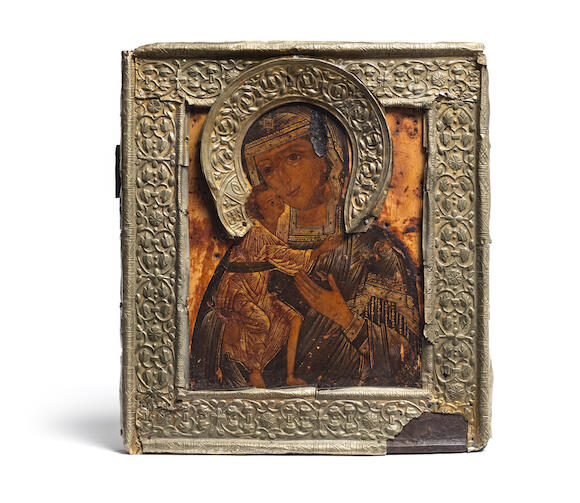 Bonhams : Icon of the Mother of God of Tenderness Russian, 19th century 29 x 26 cm (11 7/16 x 10 ...