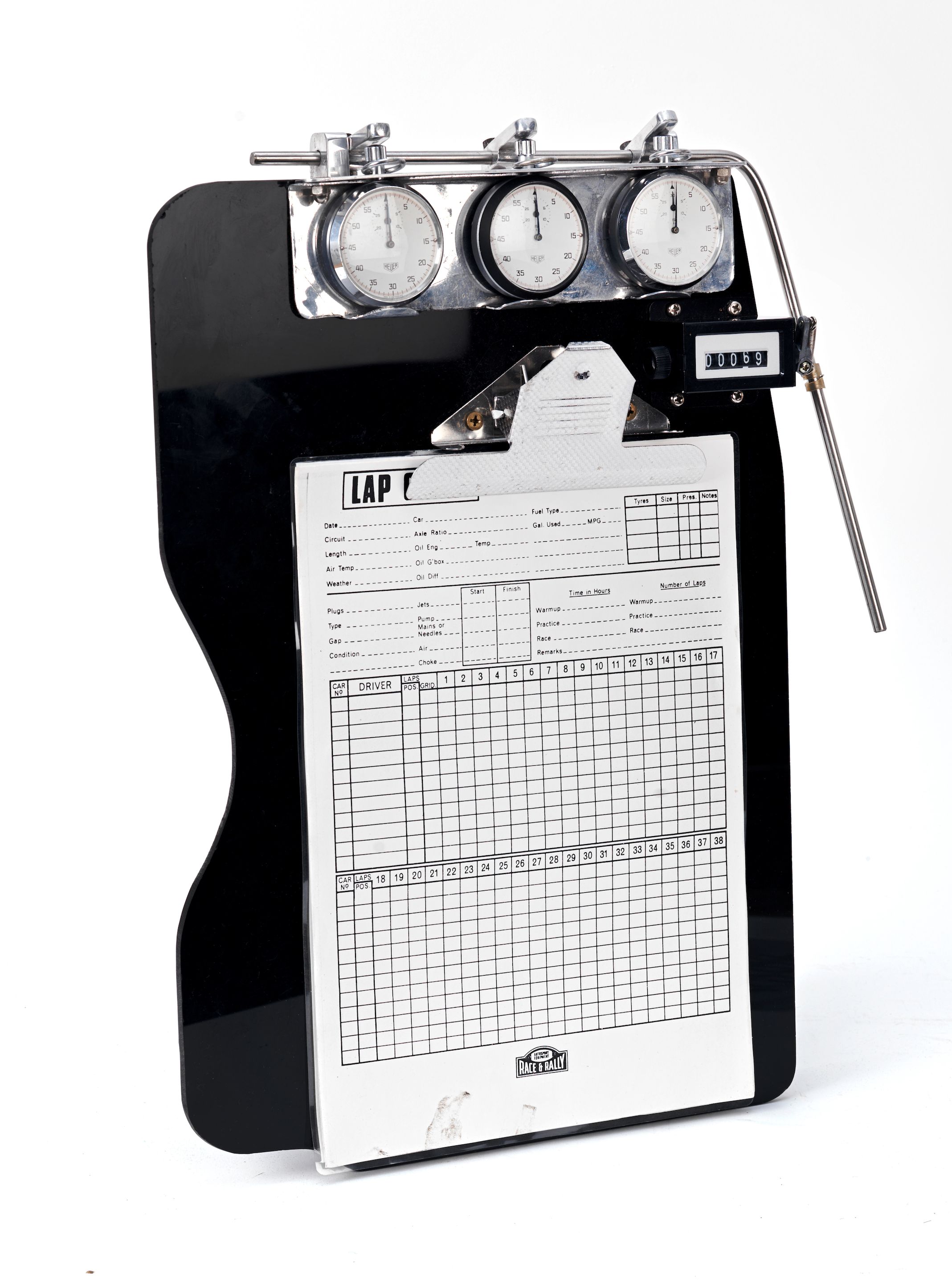 Bonhams Cars : A timekeeper's clipboard mounted with three Heuer ...