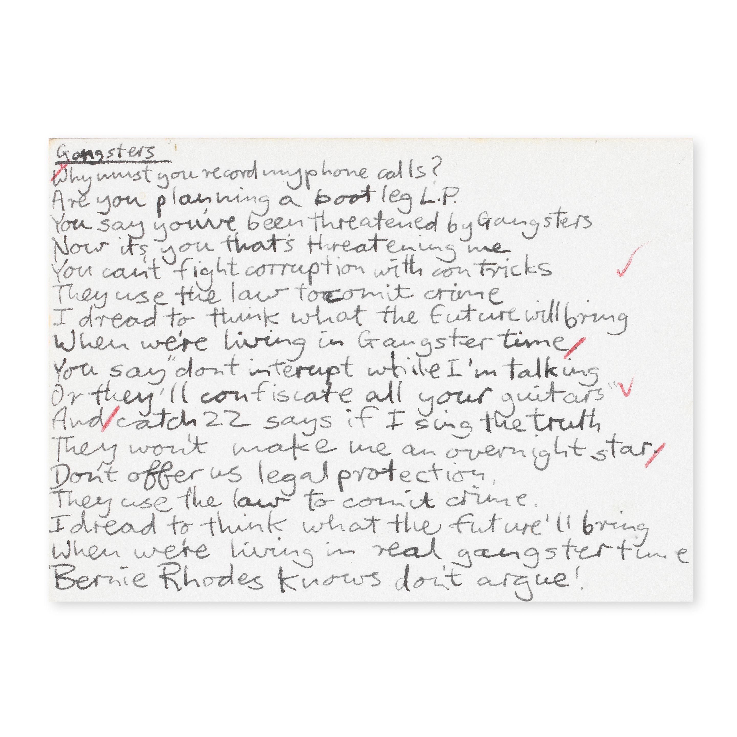 Bonhams : The Specials Jerry Dammers' Handwritten Lyrics For The Song ...