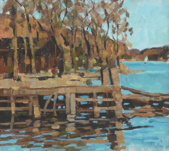Bonhams : George Devlin RSW (British, 1937-2014) By a lakeside