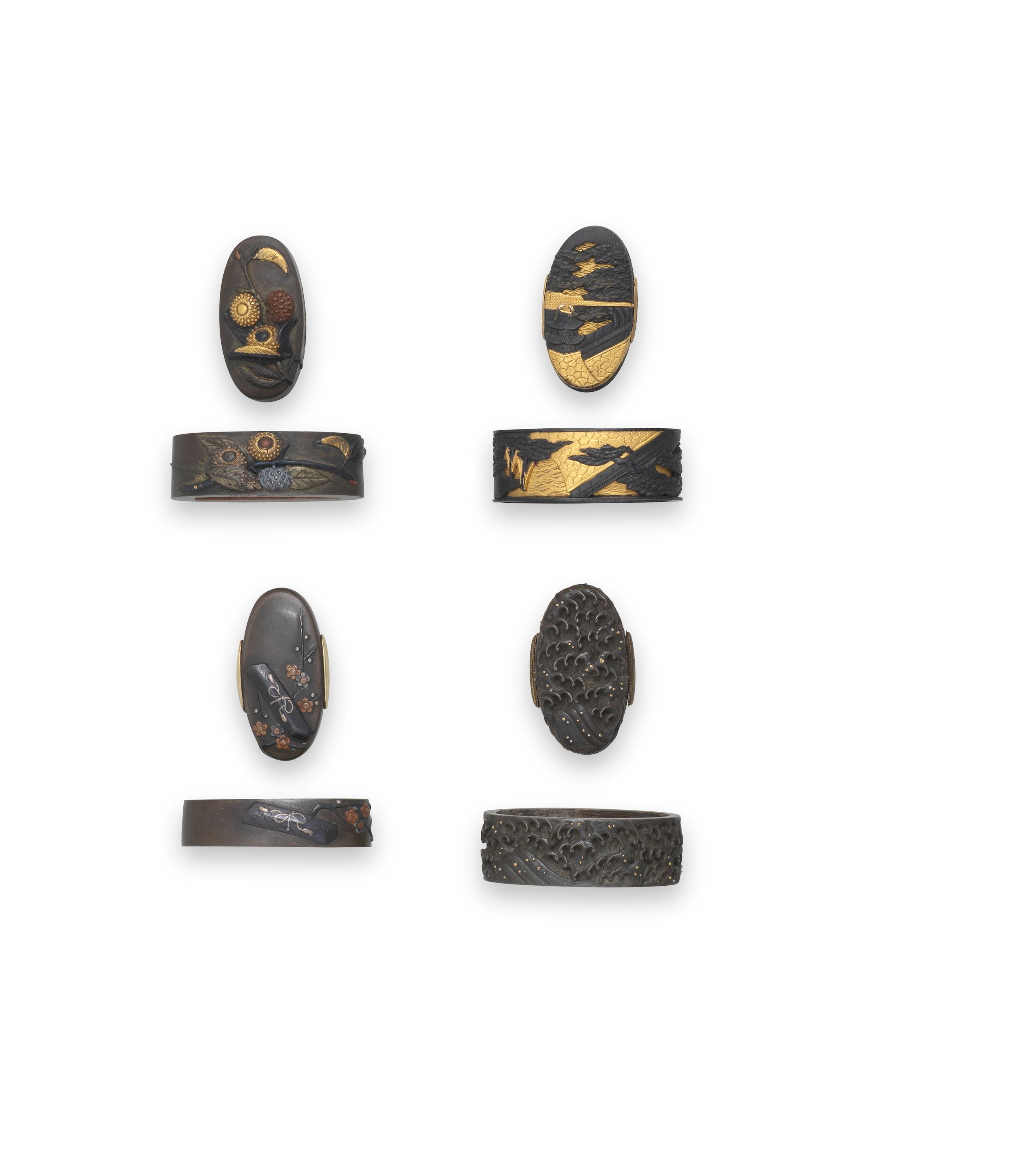 Bonhams : FOUR FUCHI-GASHIRA (MATCHING HILT COLLARS AND POMMELS) Edo ...