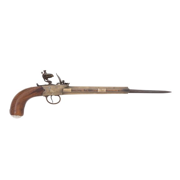 Bonhams : A Large 28-Bore Flintlock Box-Lock Pistol With Spring Bayonet