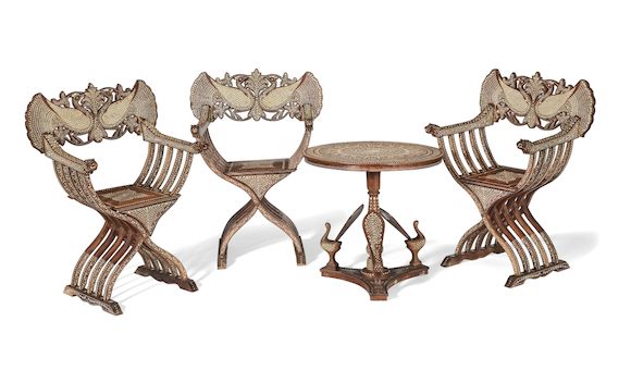 Bonhams : A Hoshiarpur ivory-inlaid wood table and three Chairs ...