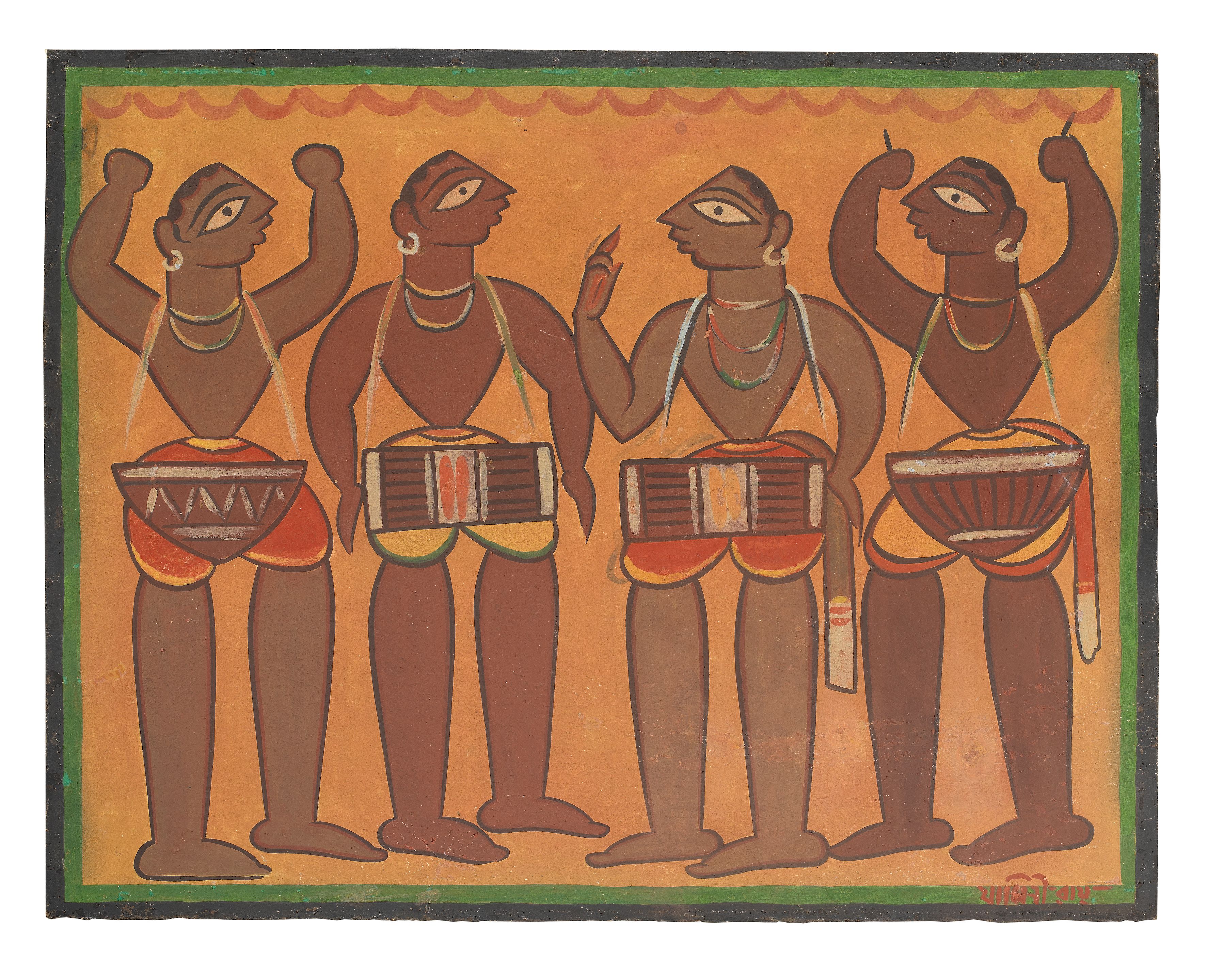 Bonhams : Jamini Roy (Indian, 1887-1972) Untitled (Four Santhal Drummers)