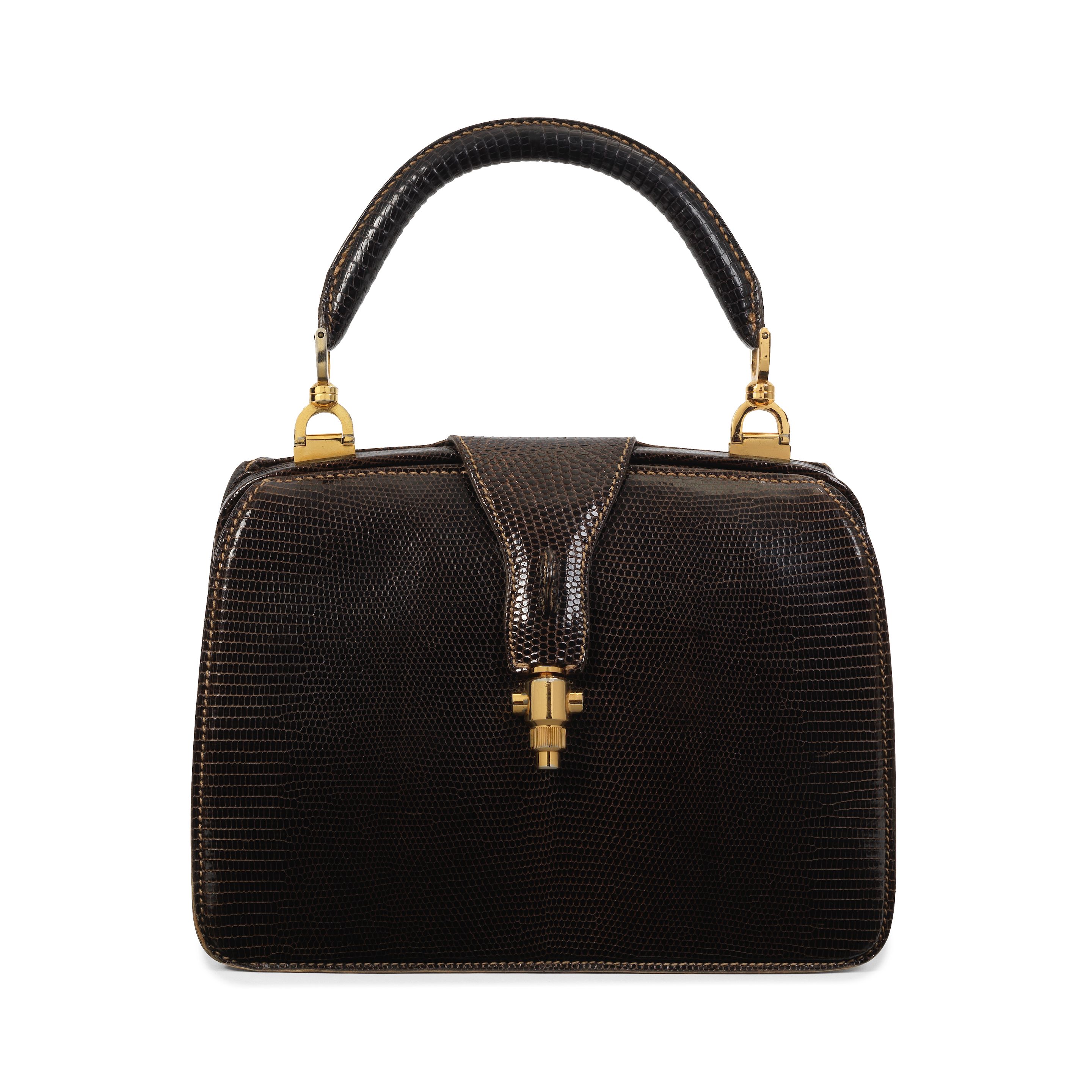 Bonhams : Gucci a Small Brown Lizard Frame Handbag 1970s (includes dust ...