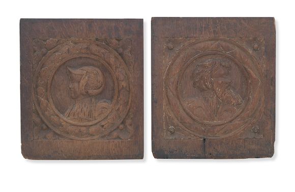 Bonhams : A pair of oak 'Romayne' panels possibly 16th Century