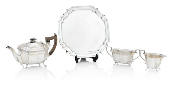 Bonhams : A GEORGE V THREE PIECE SILVER TEA SERVICE AND SALVER By ...