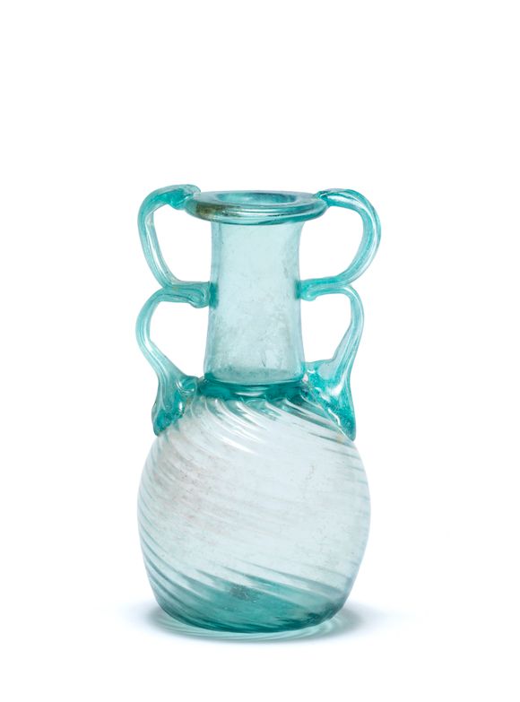 Bonhams : A Roman turquoise glass two-handled ribbed sprinkler flask