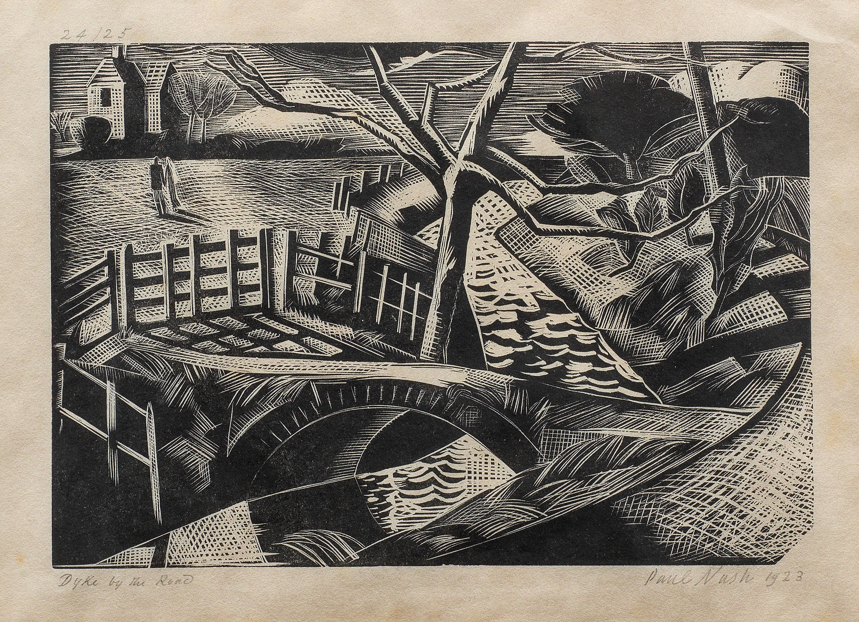 Bonhams : Paul Nash (British, 1889-1946) Dyke by the Road Woodcut, 1922 ...