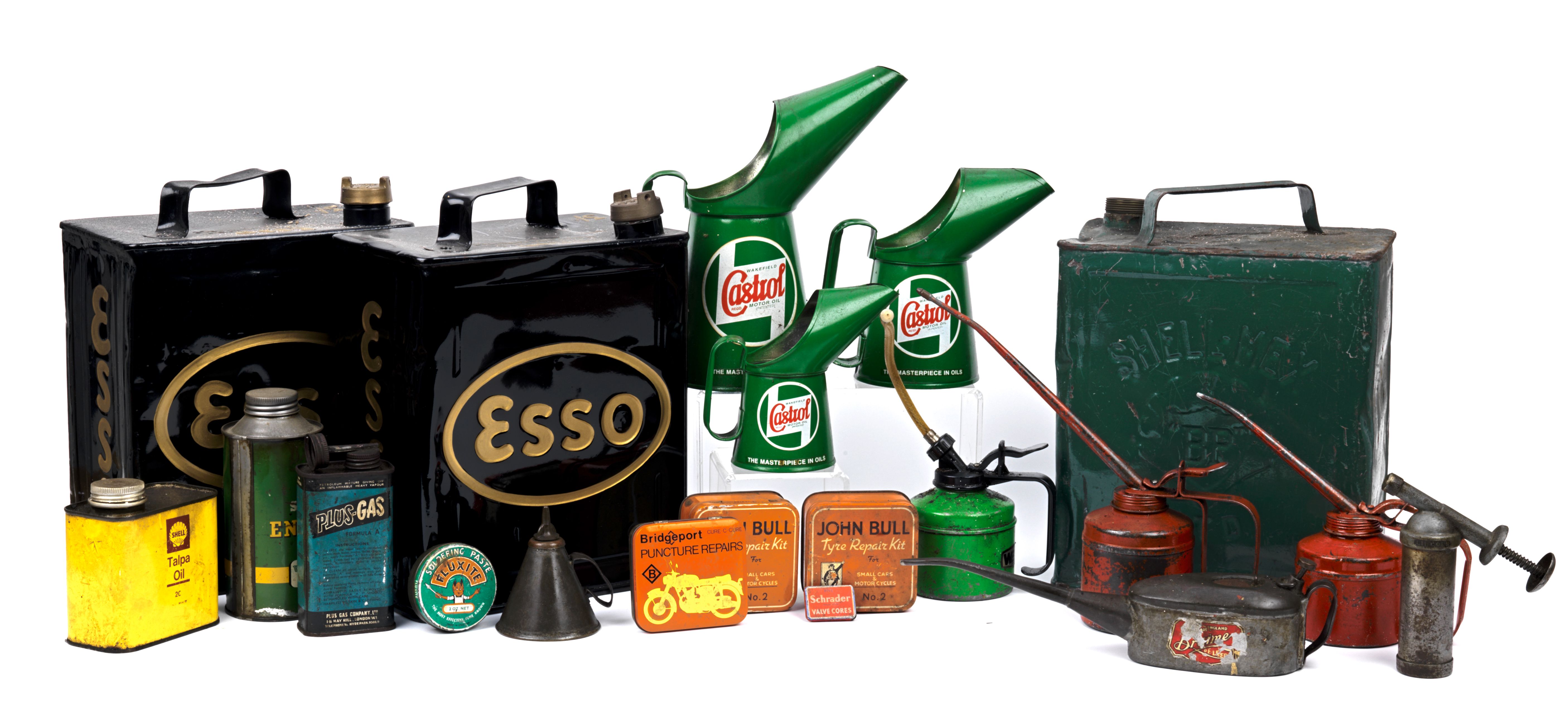 Bonhams Cars : Assorted petrol cans, oil pourers and tins, ((Qty))