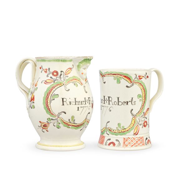 Bonhams : A William Greatbatch creamware mask jug and a mug, dated 1776