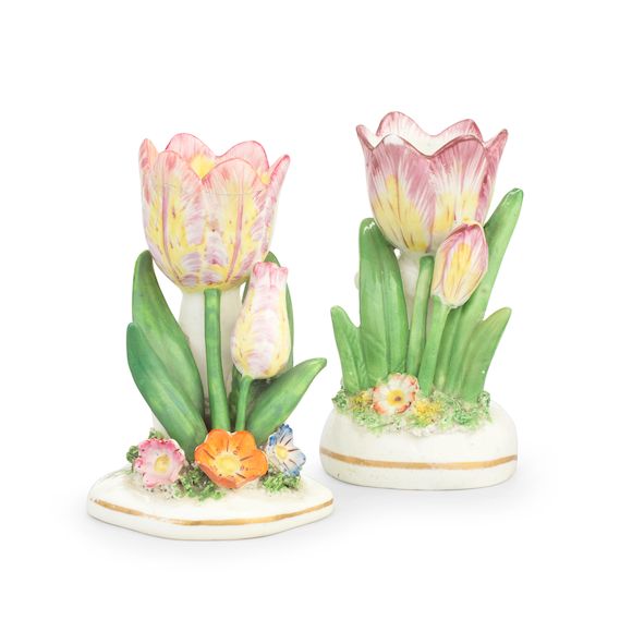 Bonhams : Two similar small Staffordshire porcelain tulip vases, circa 1840