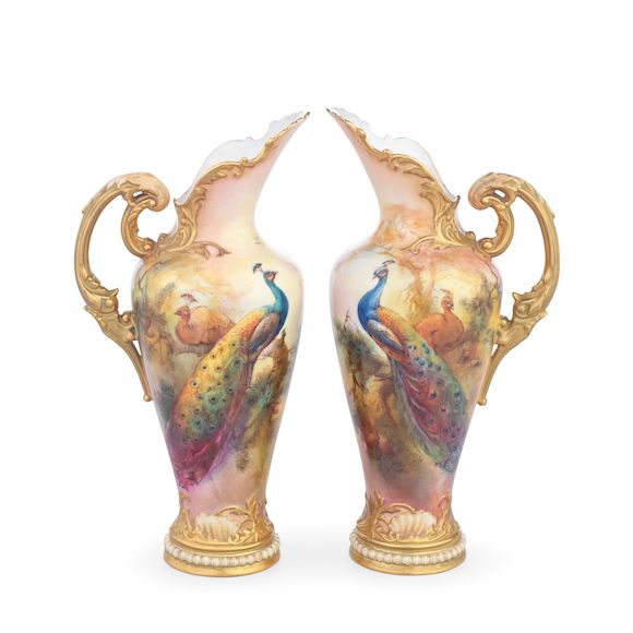 Bonhams : A pair of Royal Worcester Empress ewers by Walter Sedgley ...